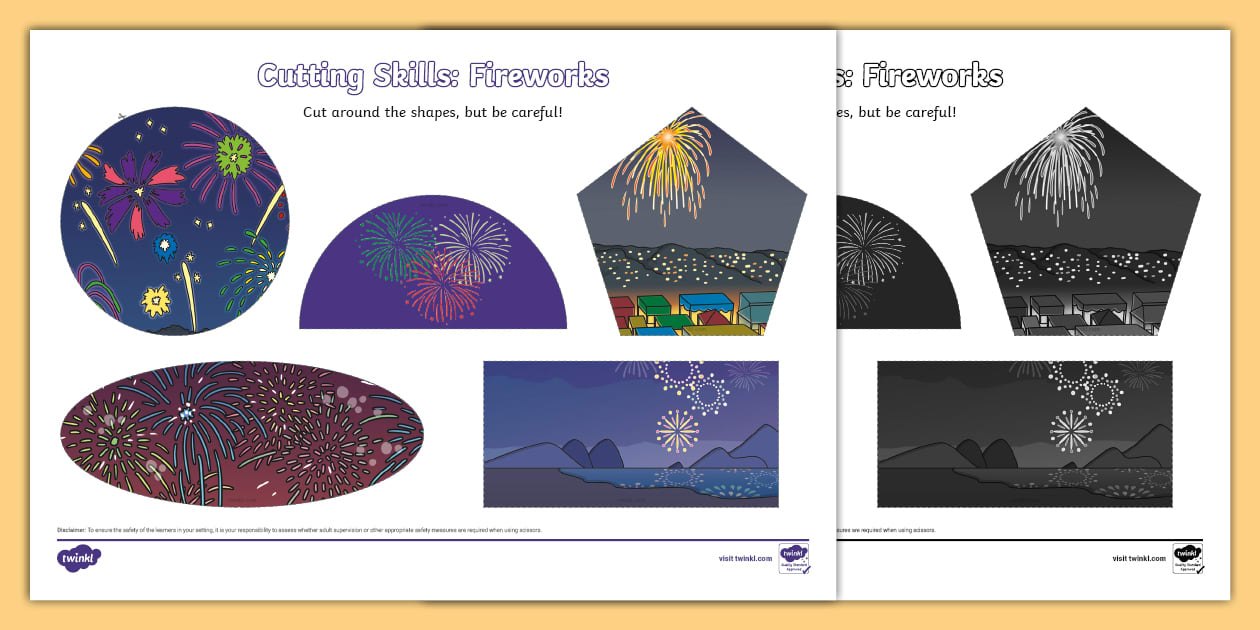 Fireworks Cutting Skills Worksheet (teacher made) - Twinkl