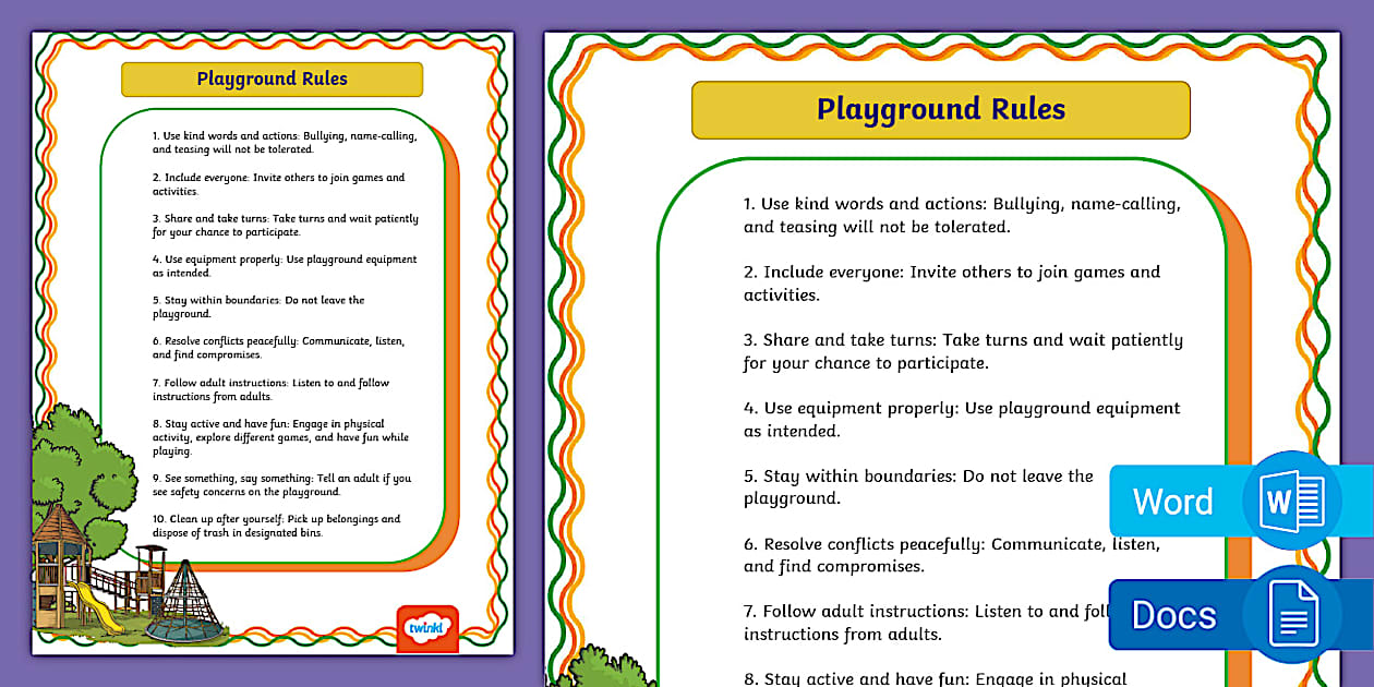 Editable Playground Rules Poster for K-2nd Grade - Twinkl