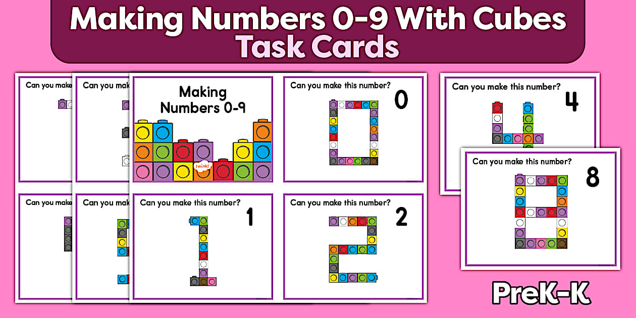 Making Numbers 0-9 With Cubes Task Cards for PreK-K - Twinkl
