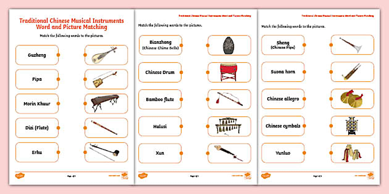 Traditional Chinese Musical Instruments Matching Worksheets