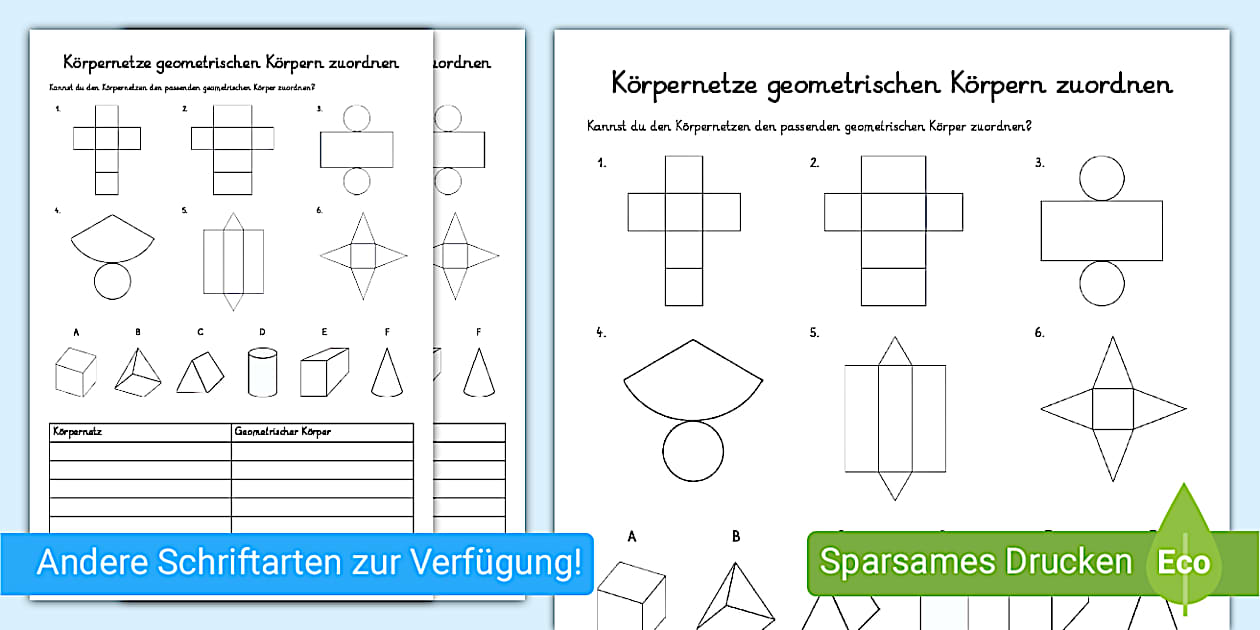 Körpernetze geometrischen Körpern zuordnen - Arbeitsblatt | Geometrie