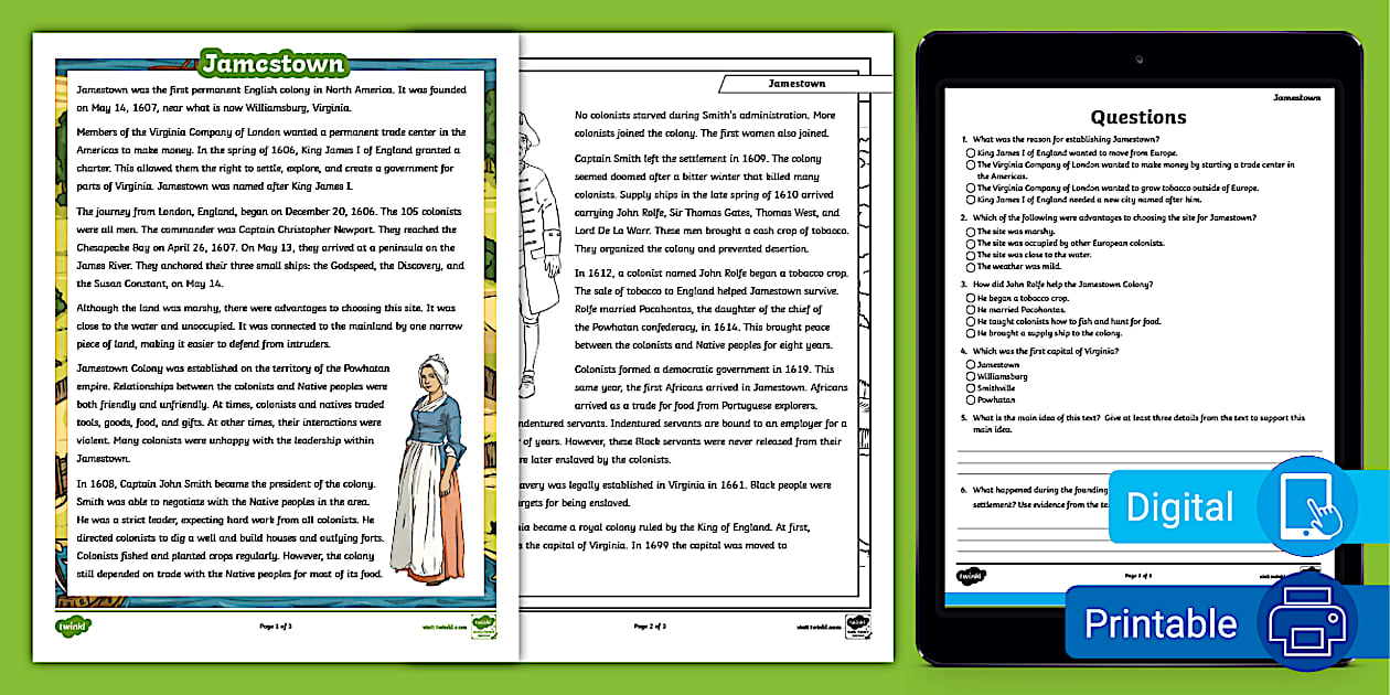 Fourth Grade Jamestown Reading Comprehension Worksheet