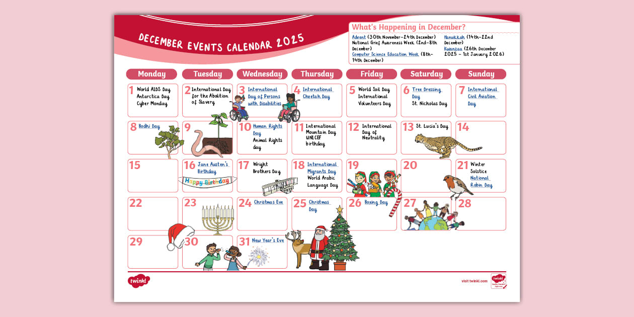 December Events Calendar 2025 (teacher made) - Twinkl