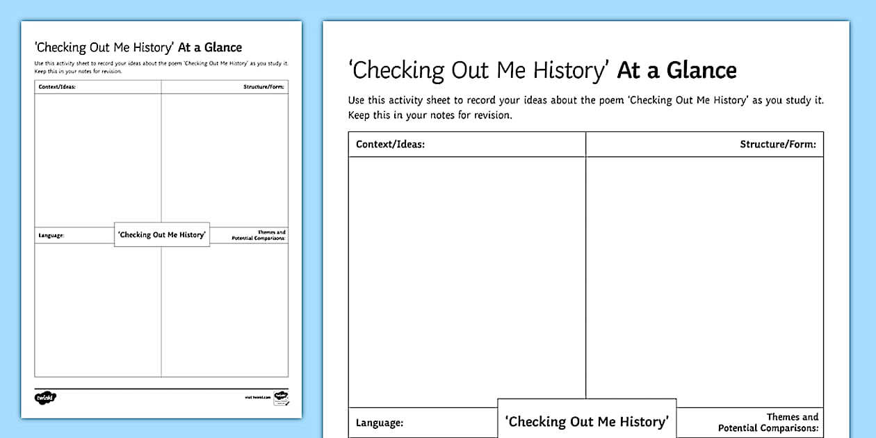 AQA Poetry: Checking Out Me History - Quick Revision Worksheet