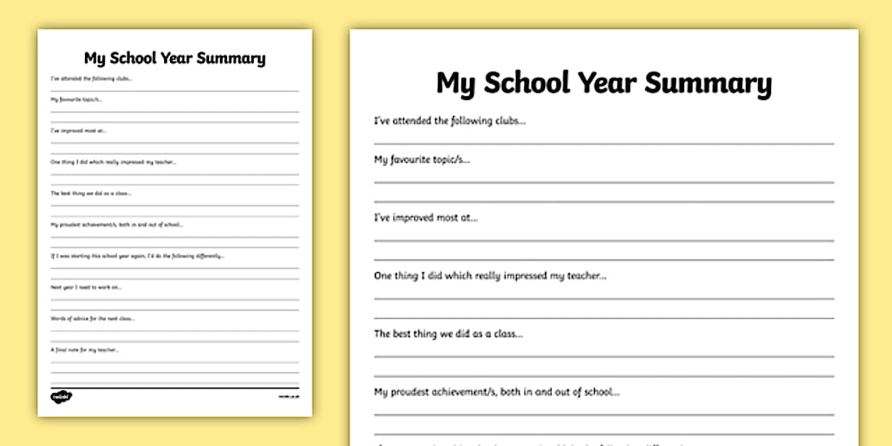 Editable KS2 My School Year Summary Worksheet (teacher made)