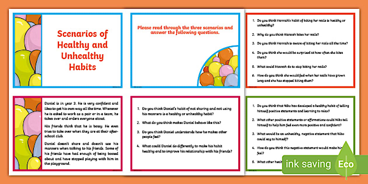 Scenarios Of Healthy and Unhealthy Habits Worksheet - Twinkl
