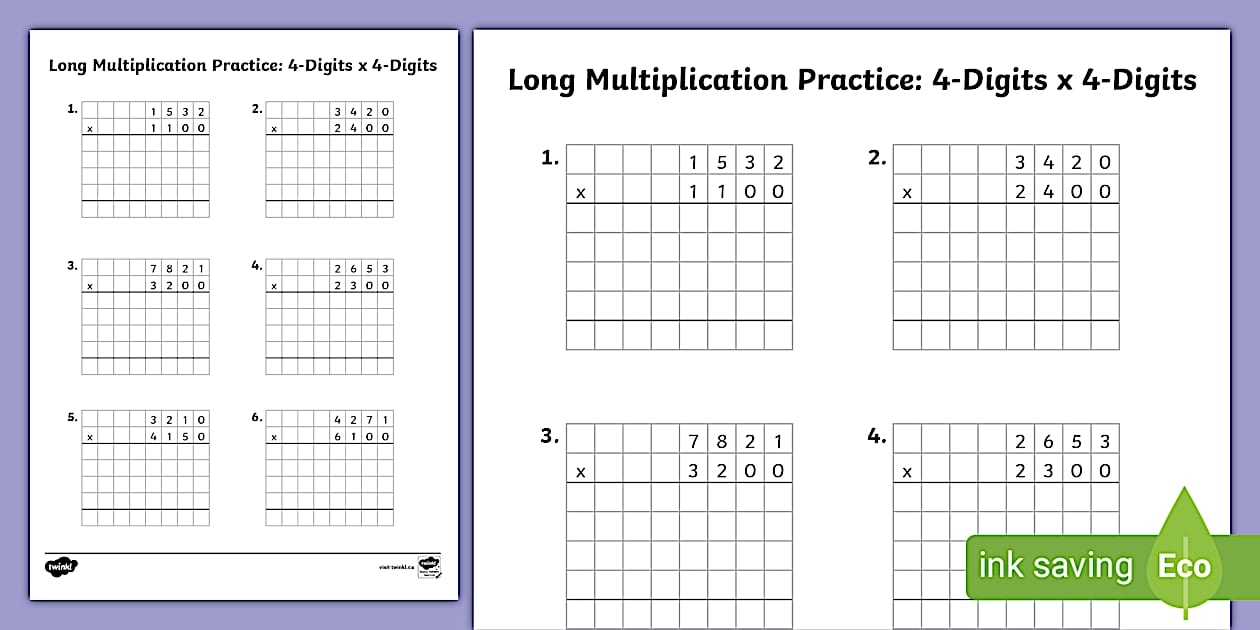 4-Digit by 4-Digit Multiplication Worksheets PDF - Twinkl