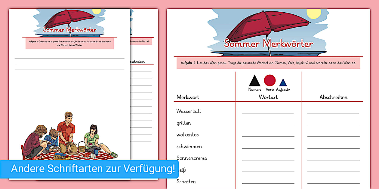 Arbeitsblatt Merkwörter zum Thema Sommer 3./4. Klasse