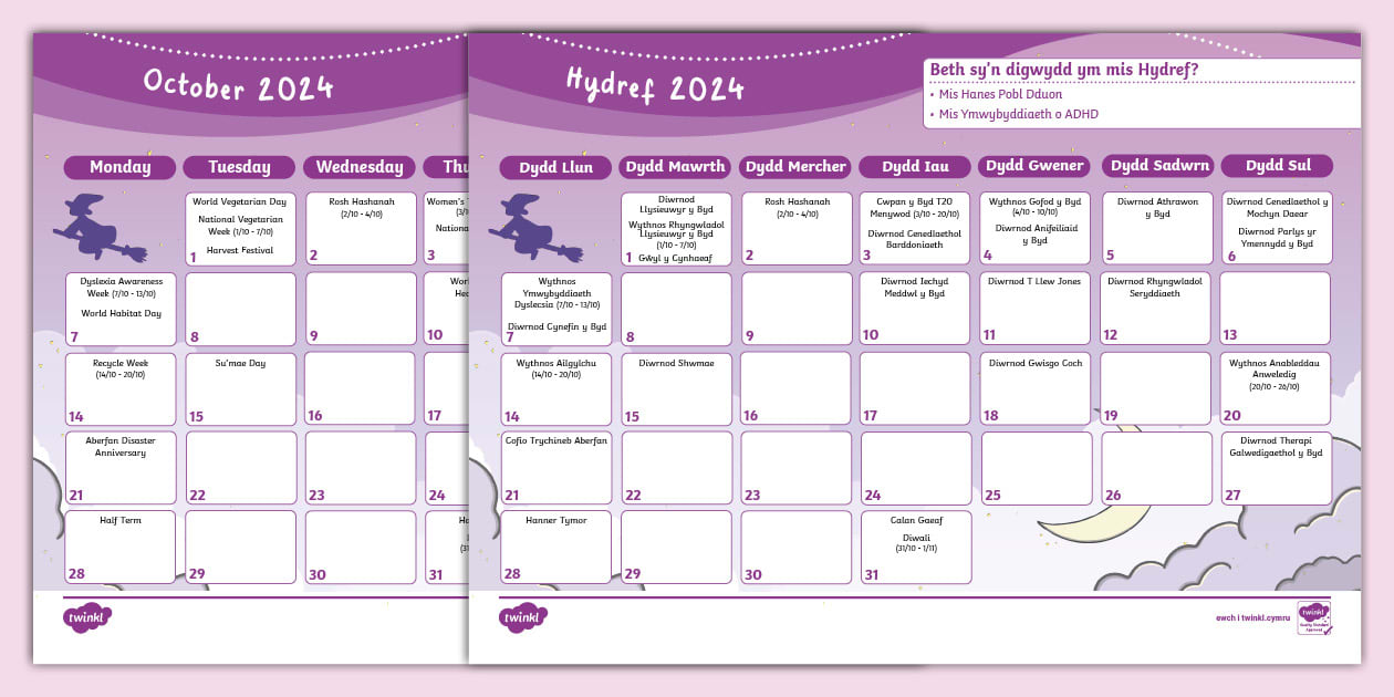 Calendr Digwyddiadau Mis Hydref/October Events Calendar 2024