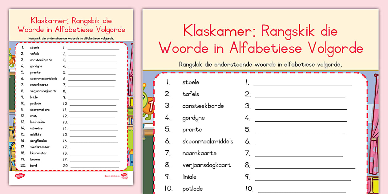 Alfabetiese Volgorde. In die klaskamer. Aktiwiteit - Twinkl