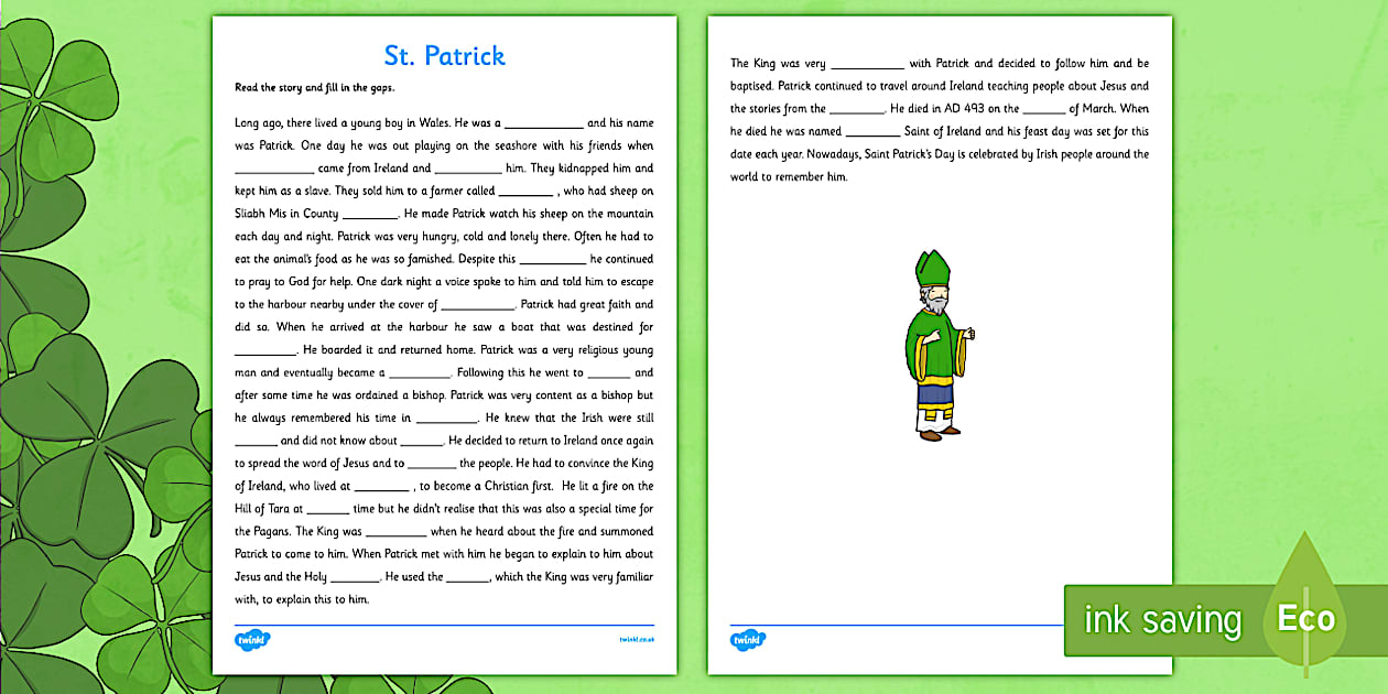 Cloze procedure 3rd class | St Patrick | Easy to Print