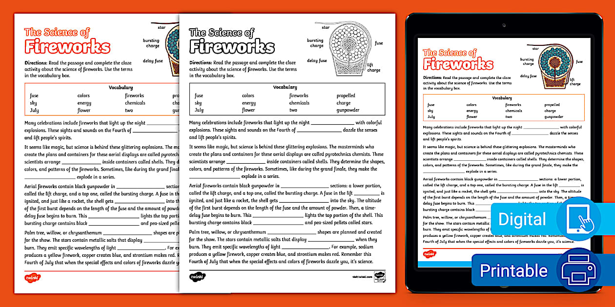 Sixth Grade The Science of Fireworks Cloze Reading Activity