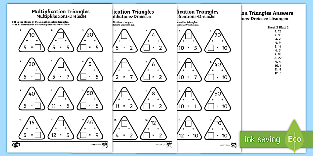 Multiplication Triangles Worksheet / Worksheets English/German