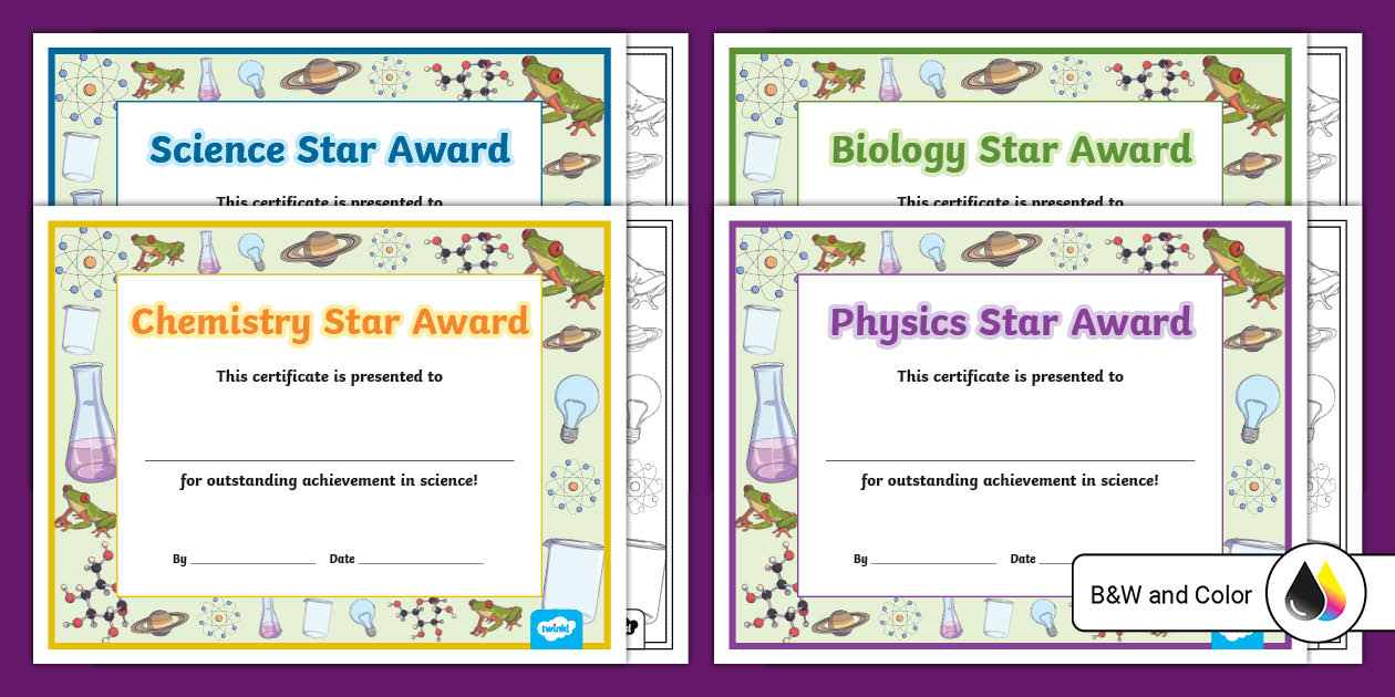 Science Star Award Certificates for 6th-8th Grade - Twinkl