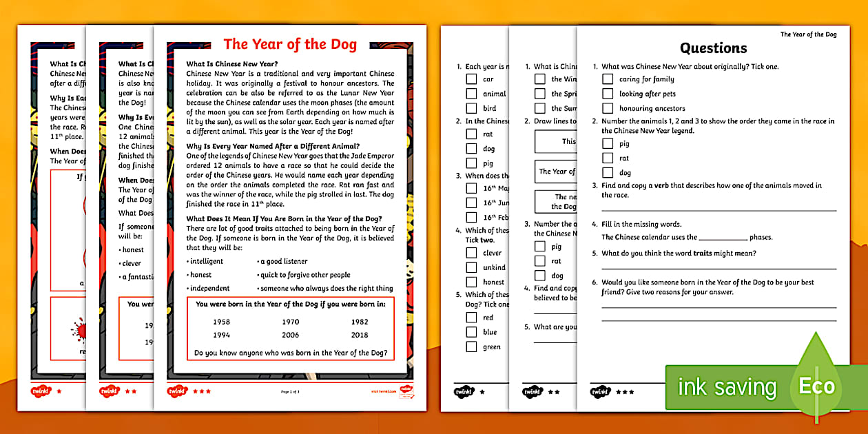 KS1 The Year of the Dog Differentiated Reading Comprehension Activity