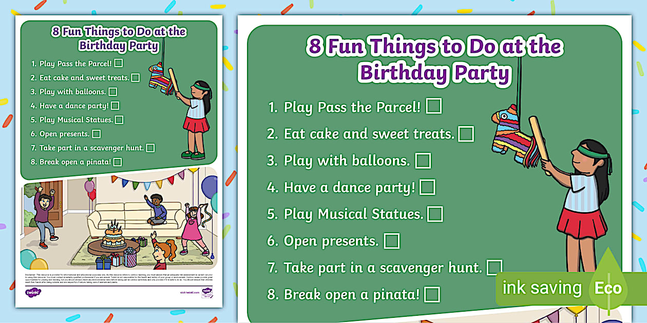 Things to Do at a Birthday Party Checklist Activity - Twinkl