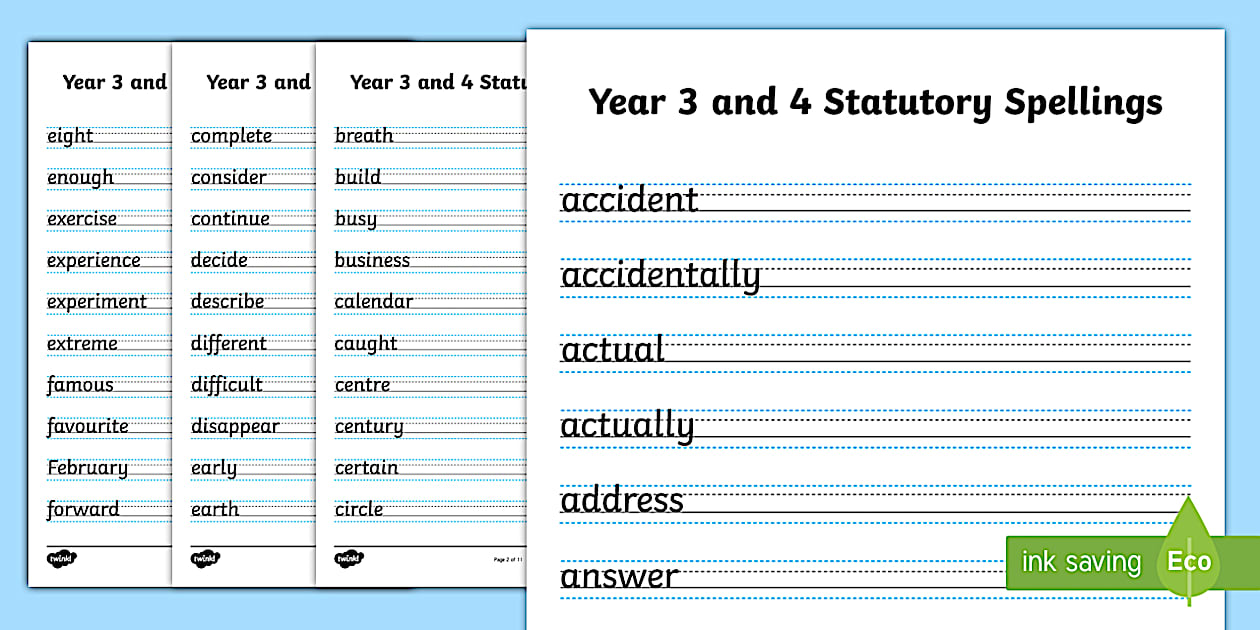 Editable Year 3 and 4 Statutory Spellings Handwriting Practice Worksheets