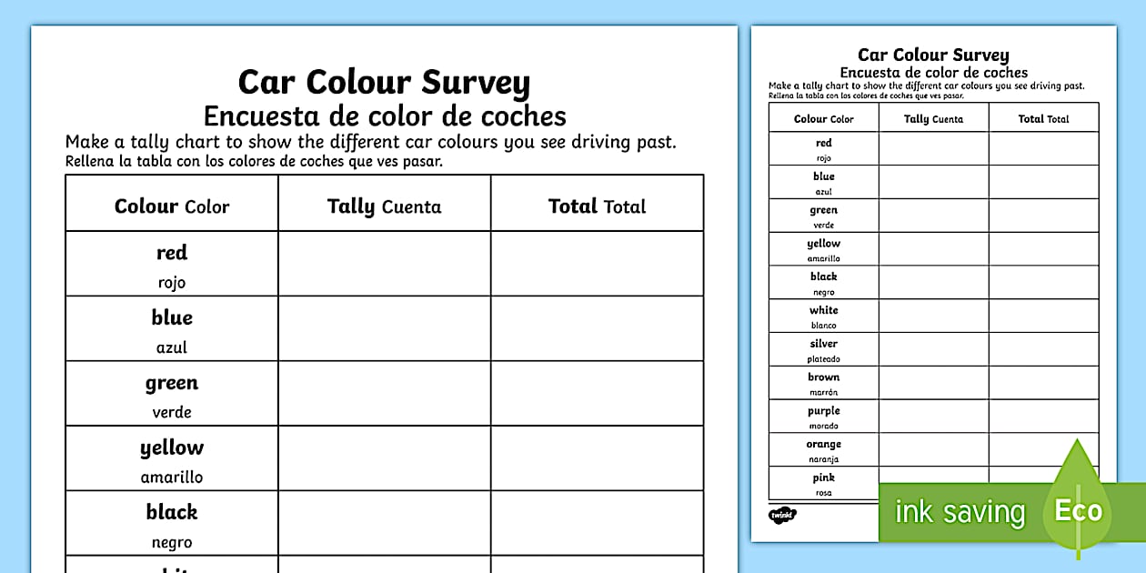 Car Colour Survey Worksheet / Worksheet English/Spanish
