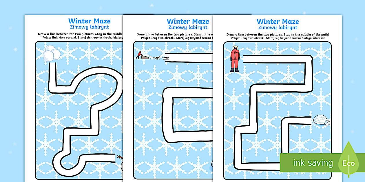 Winter Pencil Control Path Worksheet / Worksheets English/Polish - Winter