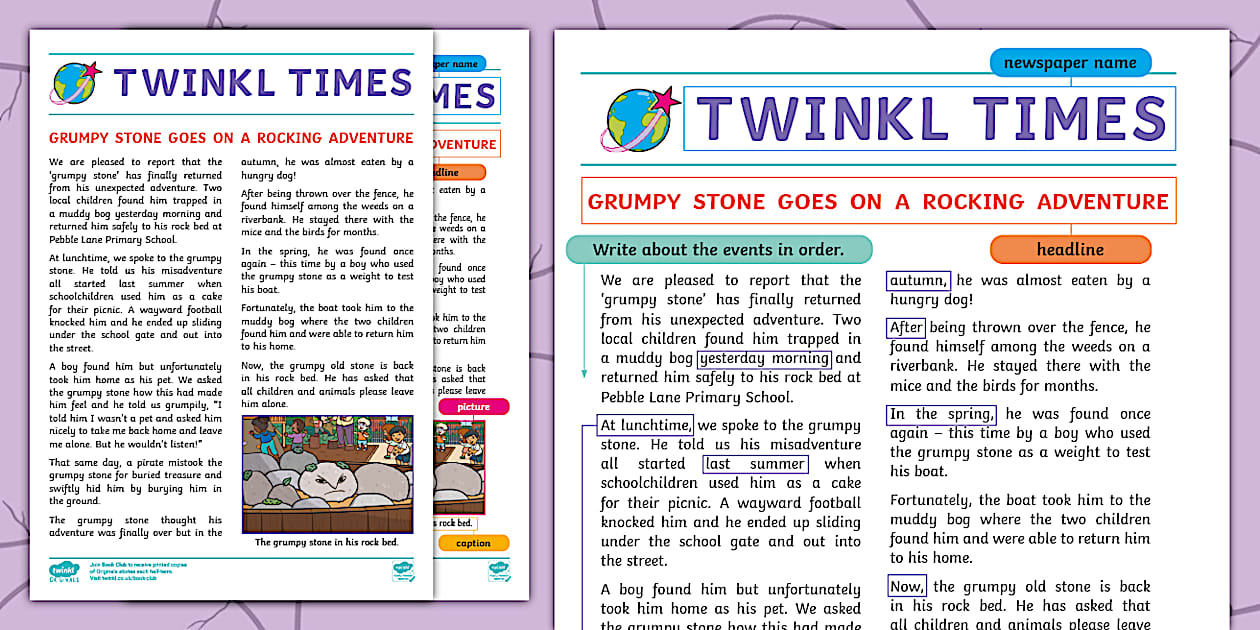 Grumpy Stone Goes on a Rocking Adventure! Newspaper Example