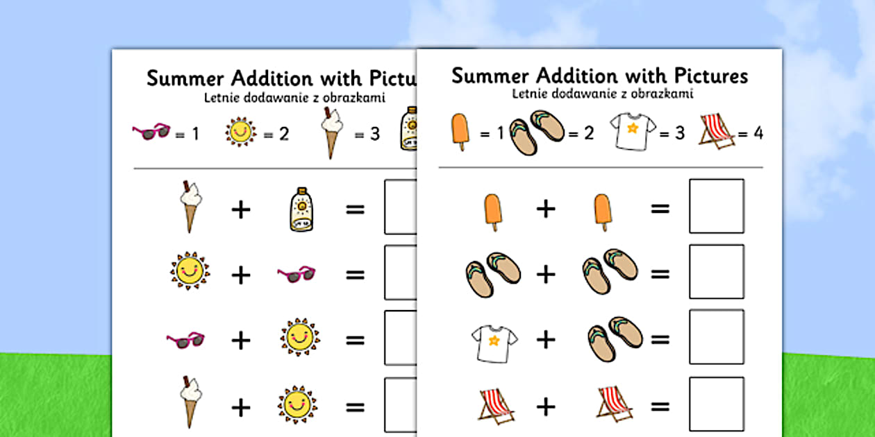 Black and White Summer Themed Addition with Pictures Worksheets Polish