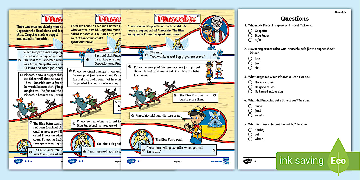 KS1 Pinocchio Differentiated Reading Comprehension Activity
