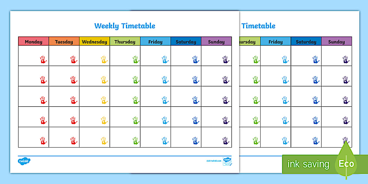 Editable Handprints Themed Weekly Timetable - Twinkl