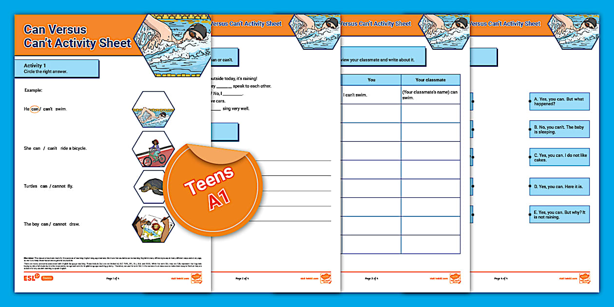 ESL Can Versus Can't Activity Sheet [Teens, A1] - Twinkl