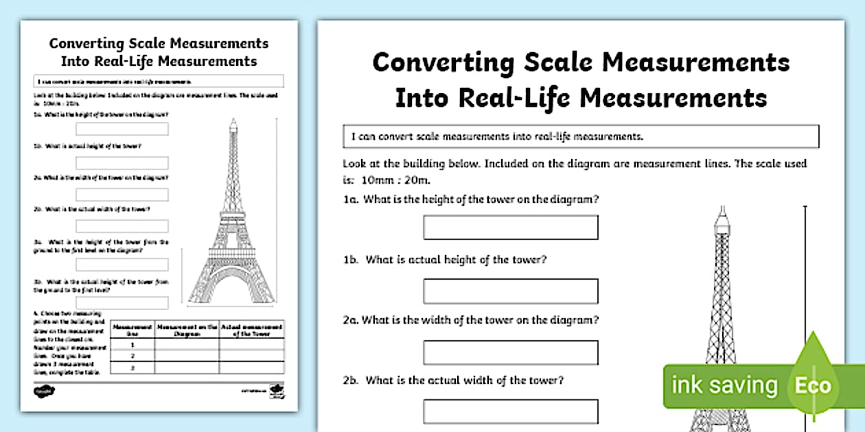 Converting scale measurements into real life measurements 3 Worksheet
