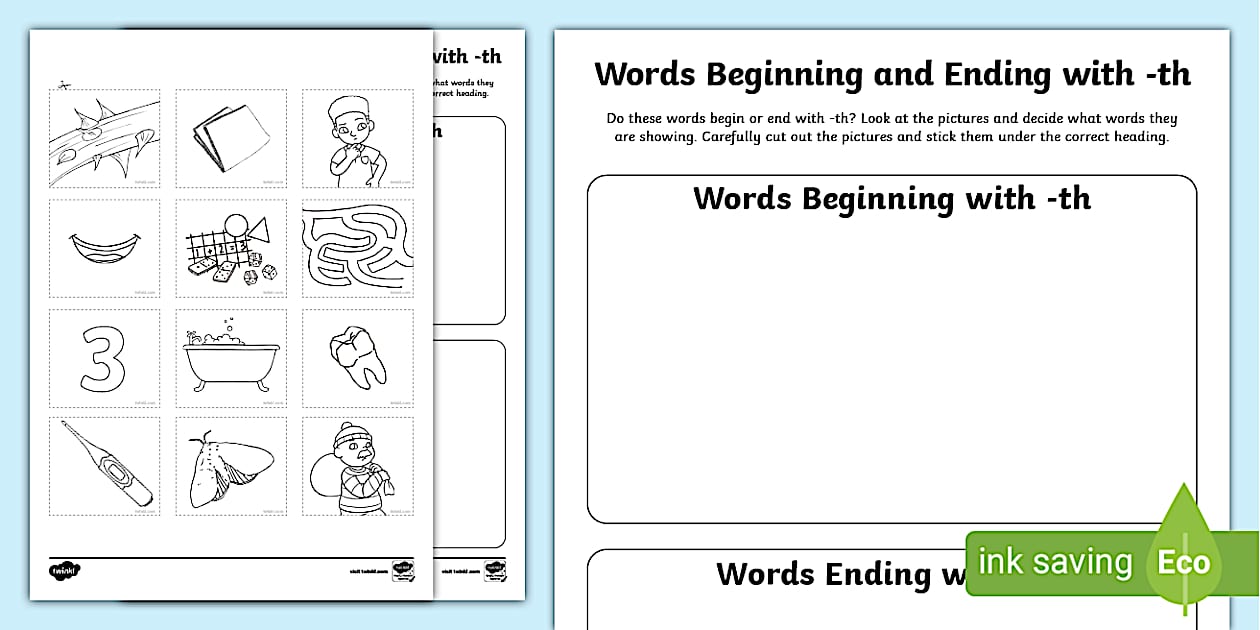 Editable Words Beginning and Ending with -th Sorting Activity
