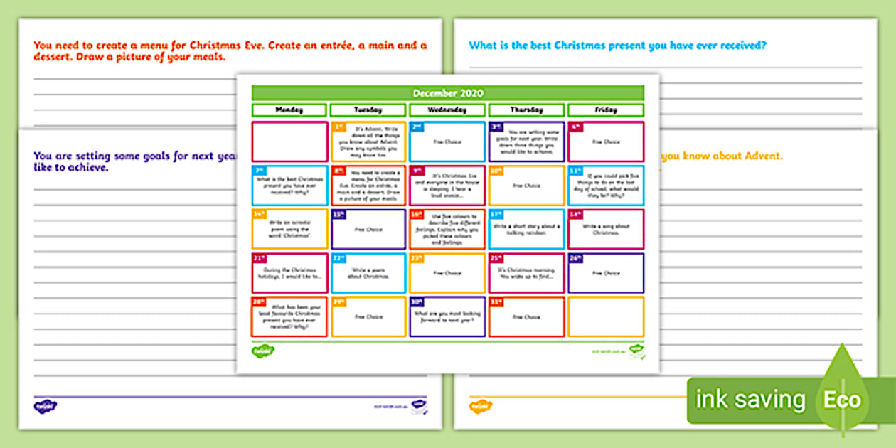 Editable December Writing Prompts Display Calendar - Twinkl