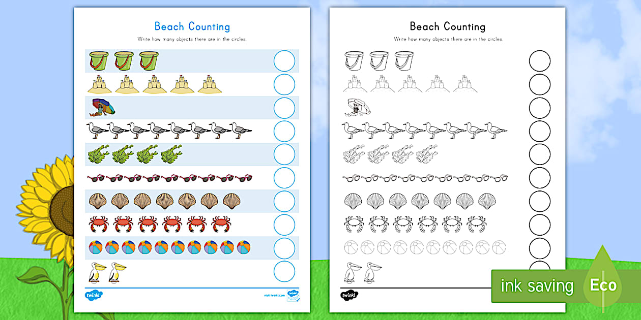 Beach Counting Worksheet | Kindergarten Resource | Twinkl US