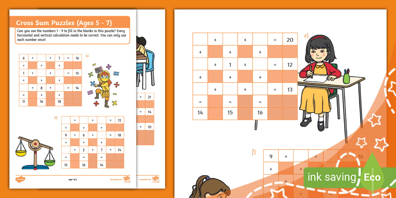 Cross Sum Puzzles for 5 to 7 year Olds