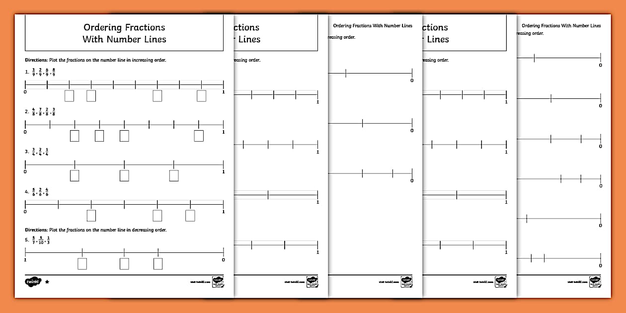 Ordering Fractions With Number Lines Differentiated Worksheet for 3rd-5th