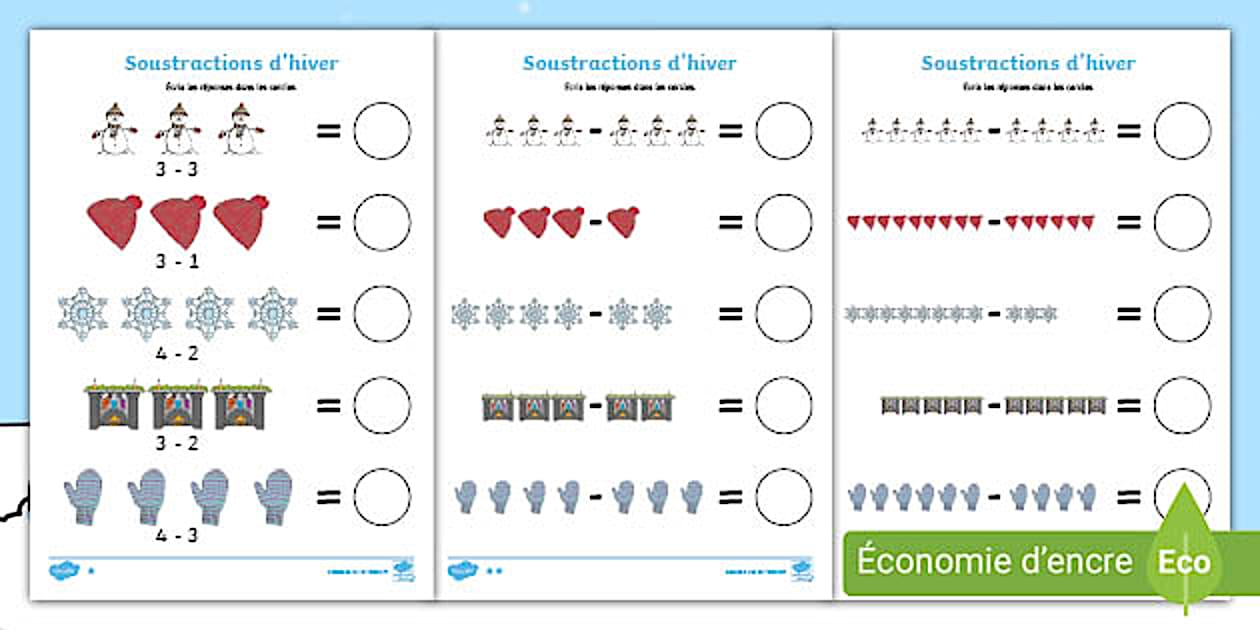 Fiches d'activités différenciées sur l'hiver : Les soustractions