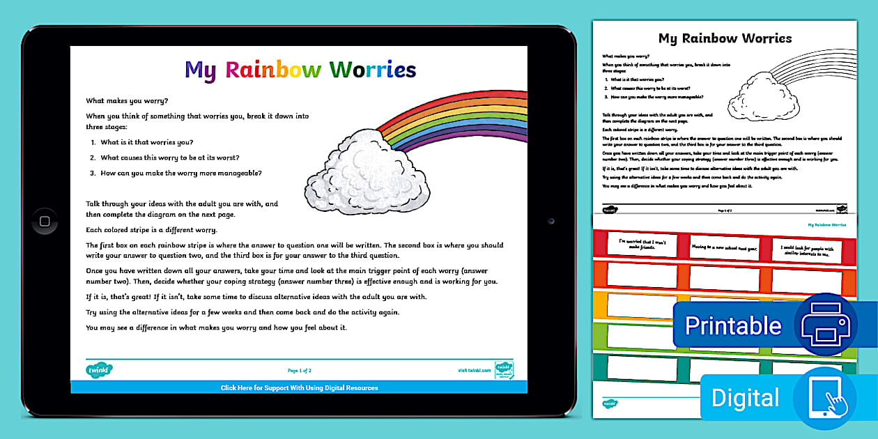 My Rainbow Worries Activity Sheet for 3rd-5th Grade - Twinkl