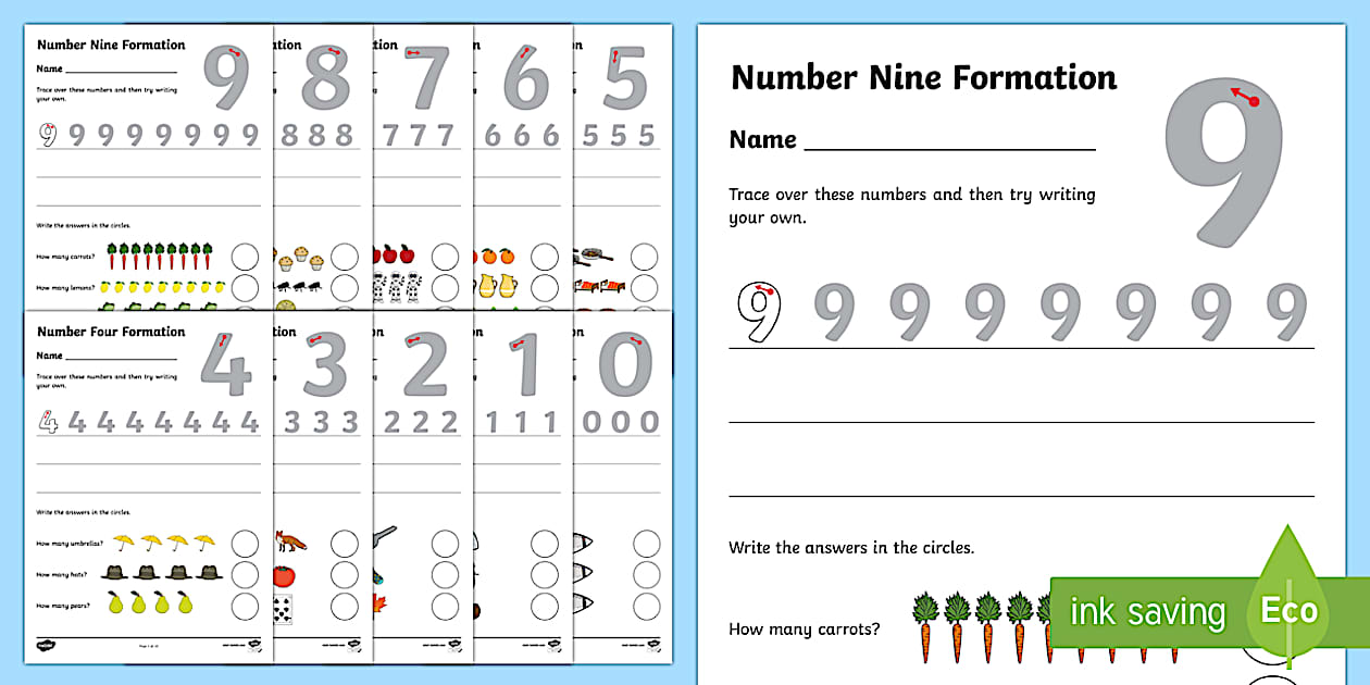 Number Formation and Counting (0-9) Worksheet / Worksheets