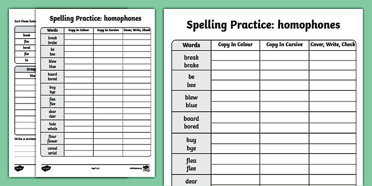 Grade 3 English Homophones Spelling Practice Sheets (CAPS)
