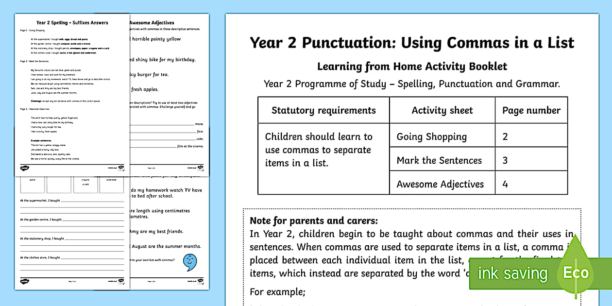 Year 2 Punctuation: Commas in a List Activity Booklet