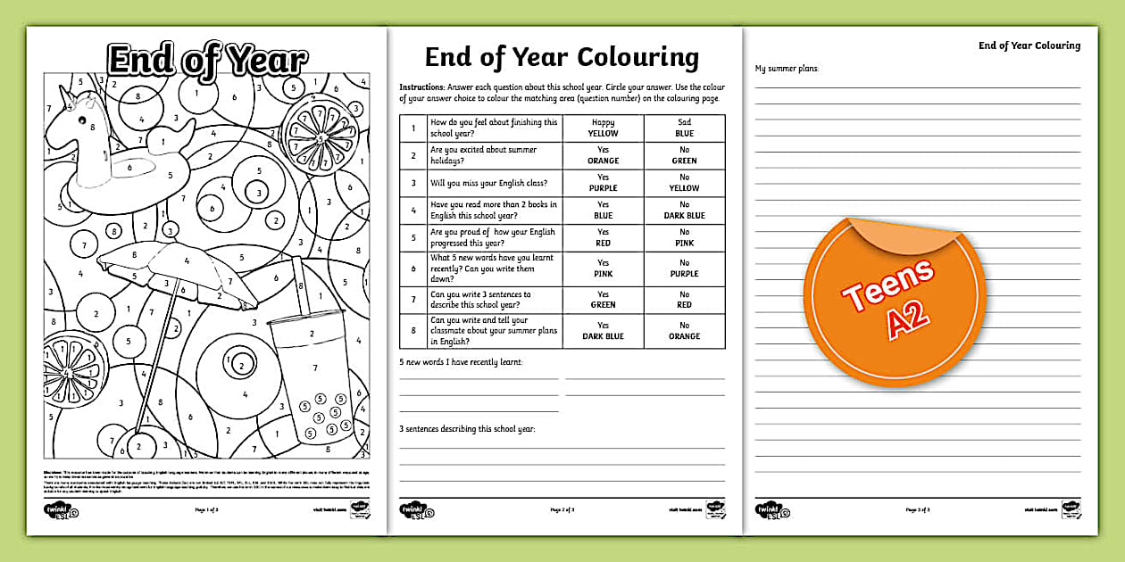 ESL End of the School Year Reflection Colouring Activity Sheet [Teens, A2]