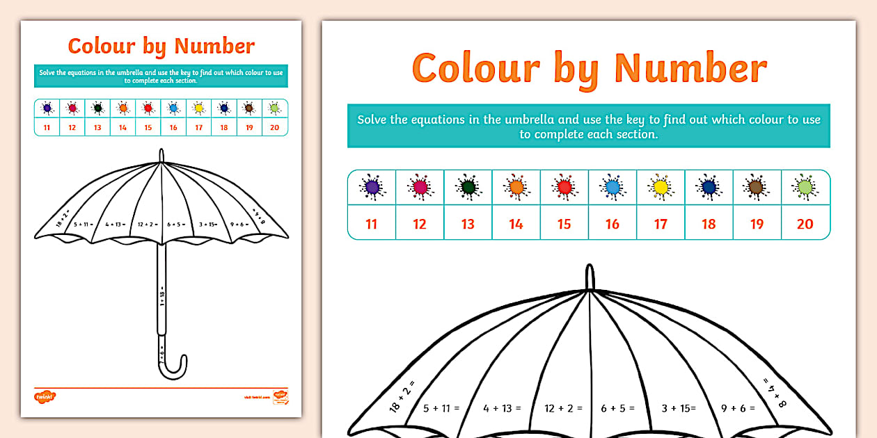 Colour by Number Addition within 20 Umbrella - Twinkl
