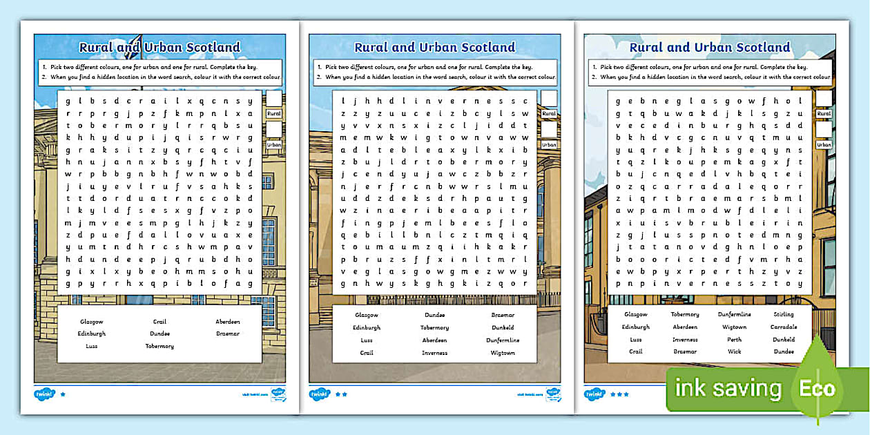 Rural and Urban Scotland Differentiated Word Search - Twinkl