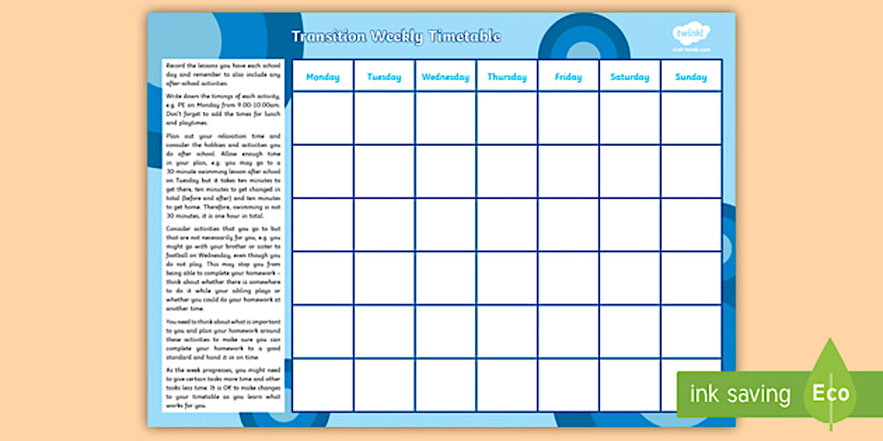 Transition Weekly Timetable (Teacher-Made) - Twinkl