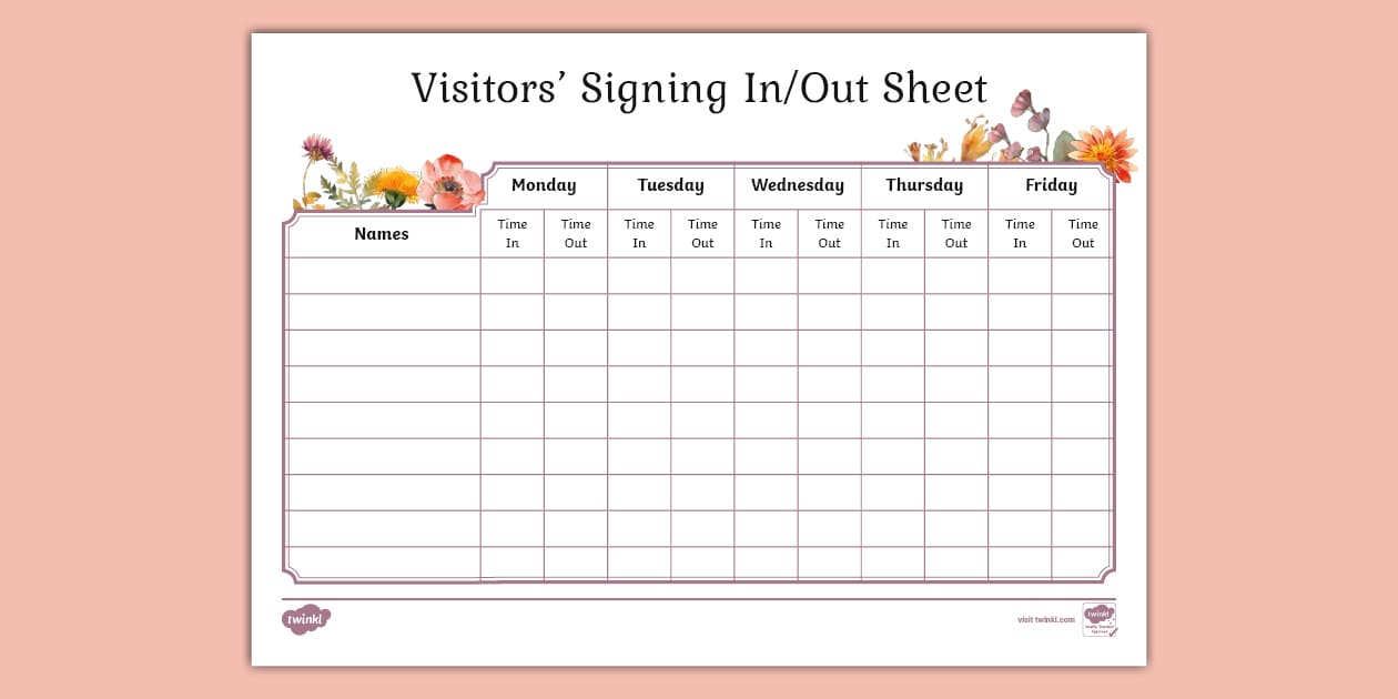 Wildflower Botanical Themed Visitors' Signing In/Out Sheet