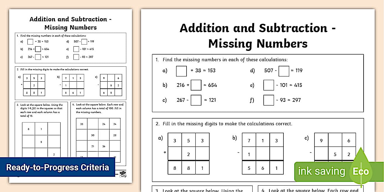 👉 Addition and Subtraction Missing Number Worksheet