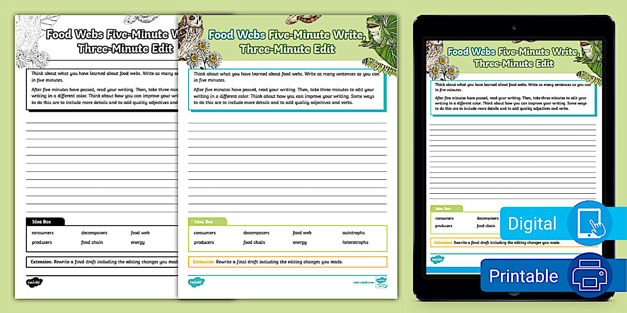 Food Webs Five-Minute Write and Three-Minute Edit Worksheet
