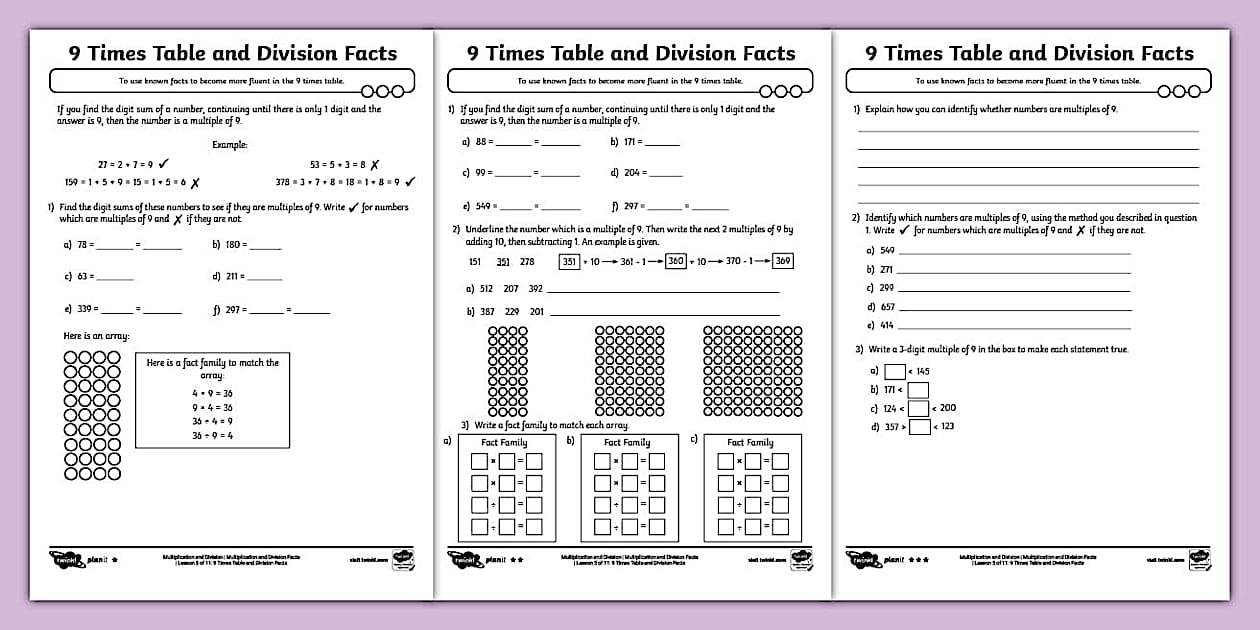 👉 9 Times Table and Division Facts Differentiated Activity Sheets