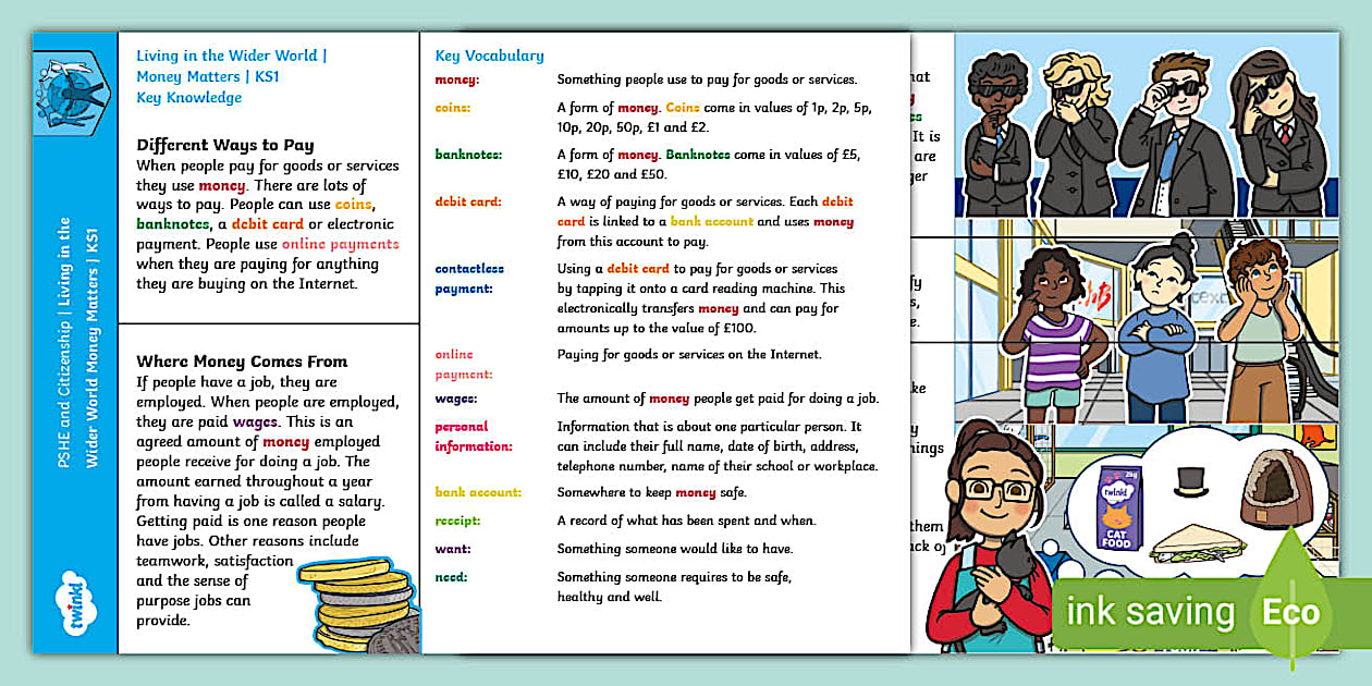 PSHE: KS1 Money Matters - Knowledge Organiser (teacher made)