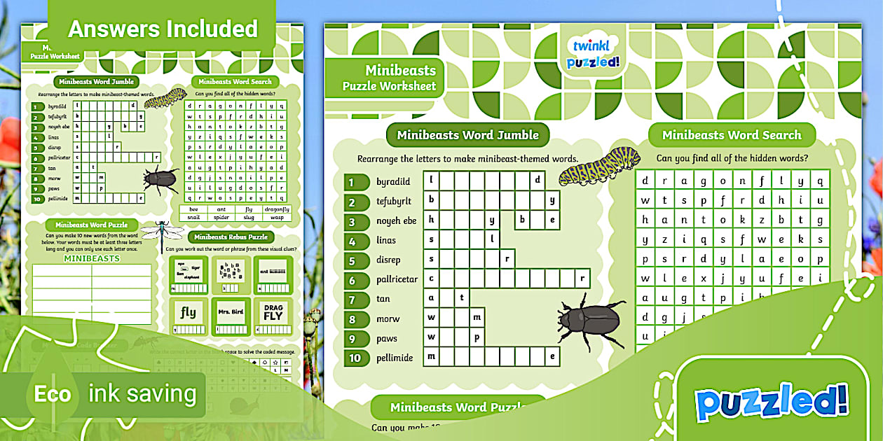 Minibeasts Puzzle Worksheet -Twinkl Puzzled (teacher made)