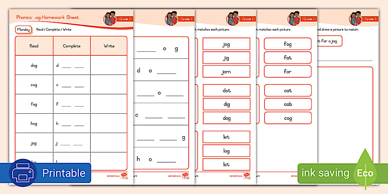 Grade 1 Phonics: -og Homework Sheet